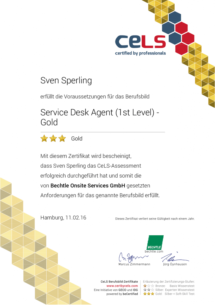 CELS – Service Desk Agent (1st Level) Gold Zertifikat – edv-sperling.de ...